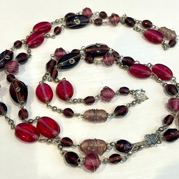 Jewelry | Vintage Silver Tone Long Purple Pink Bead Necklace Scroll ...